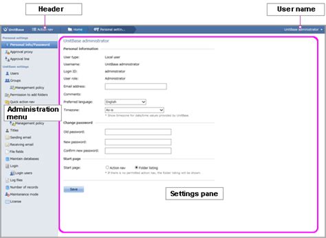 Page Description Personal Settings Unitbase Help