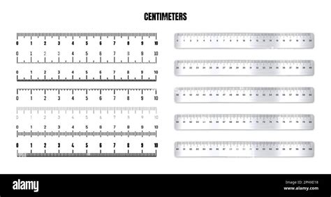 Realistic Metal Rulers With Black Centimeter Scale For Measuring Length Or Height Various