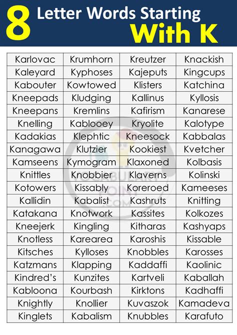 English Words Starting With K