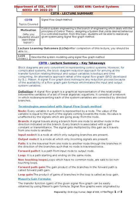 CS CDT Summary SFG Important Notes Department Of EEE KITSW EEE AY U EE