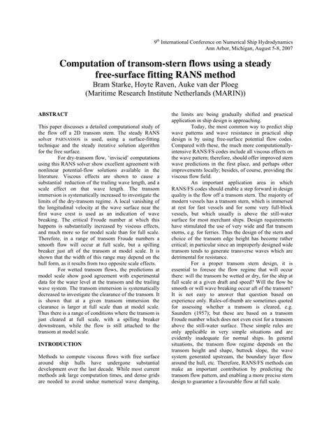 Pdf Computation Of Transom Stern Flows Using A Steady Free Surface Fitting Rans Method
