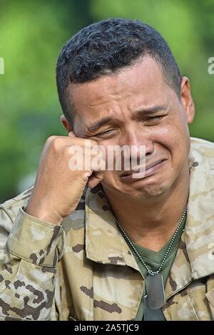 Crying Depression And Sad Military Soldier With Stress From The Army