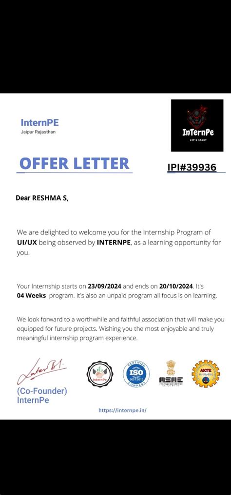 Reshma Reshma On Linkedin I Am Exited To Say That I Got Offer Letter For Internship From Internpe…