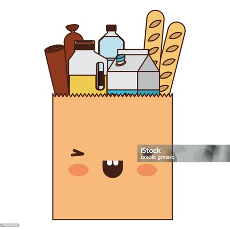 식품 소시지 빵과 음료 주스와 물 한 병 우유 판지 화려한 실루엣 귀여운 사각형 종이 가방 가방에 대한 스톡 벡터 아트 및 기타 이미지 가방 고객 구매 Istock