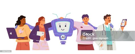 인공 지능 개념과 상호 작용하는 다양한 전문가의 다인종 그룹 남자와 여자가 포옹 와 함께 Ai 로봇 캐릭터 평면 벡터 일러스트 레이 션은 흰색에 고립되어 있습니다 개념에