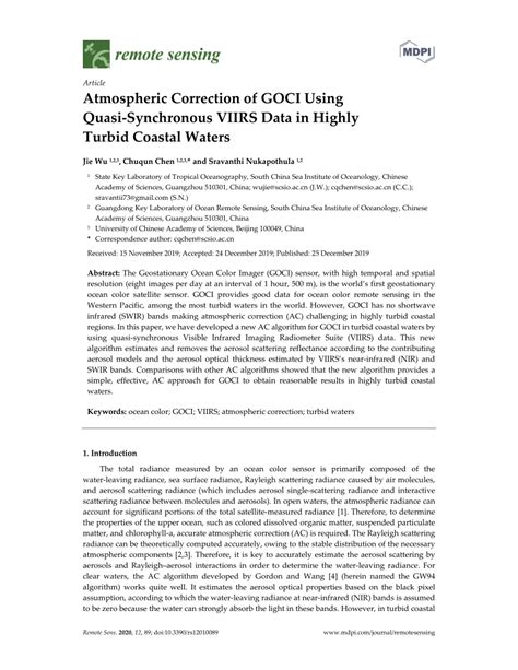 Pdf Atmospheric Correction Of Goci Using Quasi Synchronous Viirs Data
