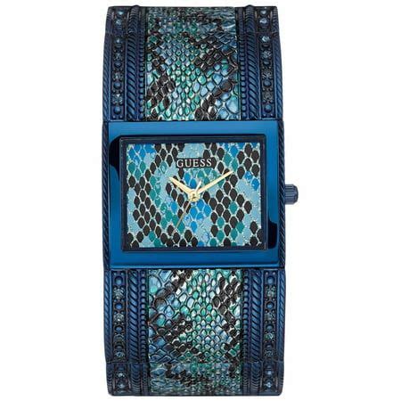 Guess Womens Blue Python Print Ion Plated Cuff Bracelet Watch 24x30mm