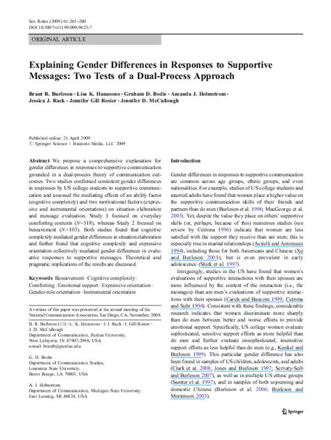 Pdf Explaining Gender Differences In Responses To Supportive Messages