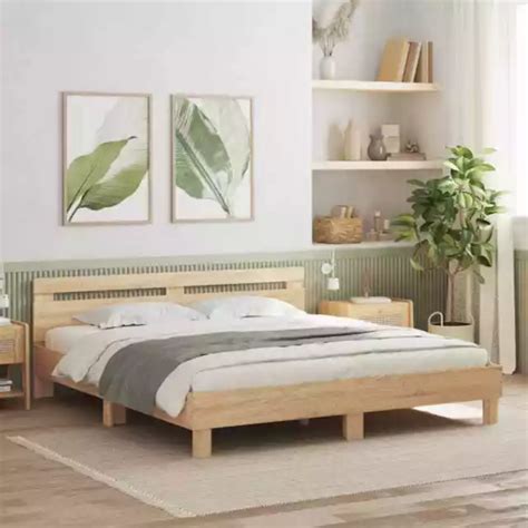 Rustic Wooden Sonoma Oak Queen Size 160cm Bed Frame Base With Headboard