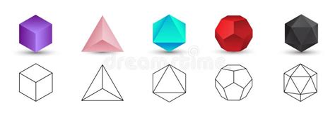 Set Of Colorful Vector Editable 3d Platonic Solids Isolated On White Background Mathematical