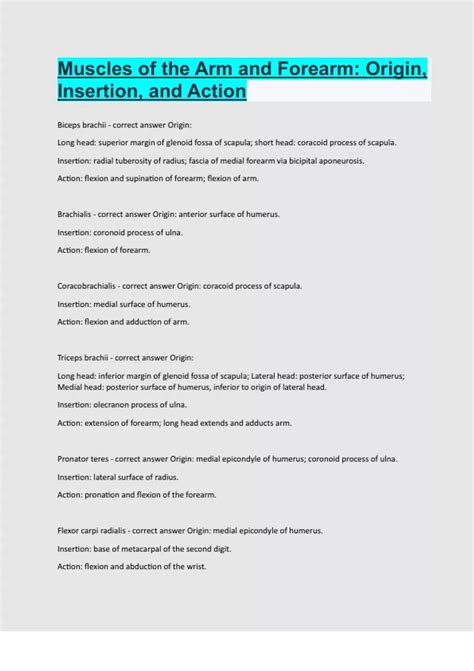 Muscles Of The Arm And Forearm Origin Insertion And Action Questions And Answers Latest Update