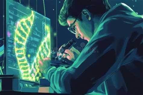 scientist analyzing dna double helix structure on futuristic computer