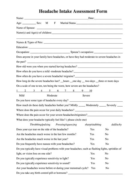 Fillable Online Headache Intake Assessment Form Fax Email Print Pdffiller