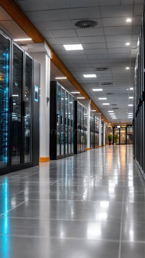 server room infrastructure modern data center with rows of rack servers and blue led lights