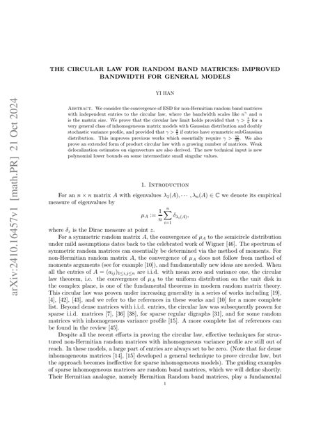 Pdf The Circular Law For Random Band Matrices Improved Bandwidth For General Models