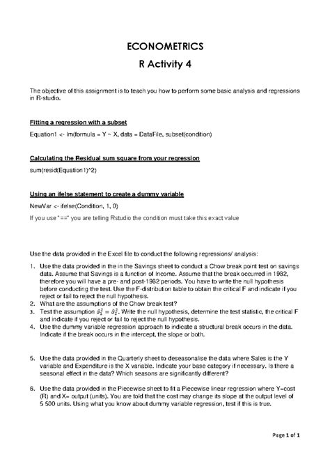 Econometrics R Exercise 4 Page 1 Of 1 Econometrics R Activity 4 The Objective Of This