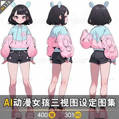 Ai卡通动漫人物三视图 可爱女孩角色插画设定素材 游戏美术资源