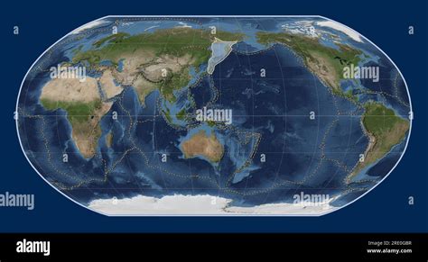 Okhotsk Tectonic Plate On The Blue Marble Satellite Map In The Robinson Projection Centered