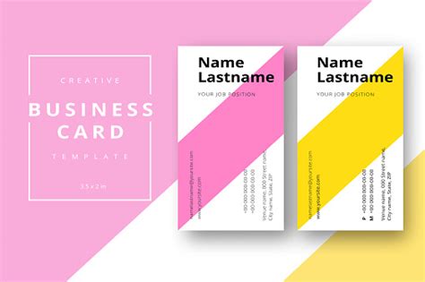 분홍색과 노란색 유행 최소한의 추상 비즈니스 카드 템플릿 기하학적 인 라인으로 현대 기업의 고정 Id 레이아웃입니다 패션 정보 샘플 이름 텍스트와 배경 디자인 벡터 고정됨에