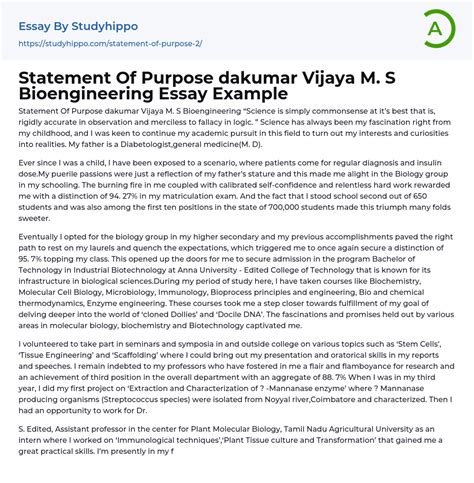 Statement Of Purpose Dakumar Vijaya M S Bioengineering Essay Example