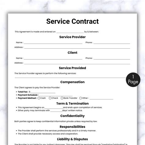 Simple Service Contract Template One Page Services Contract Agreement