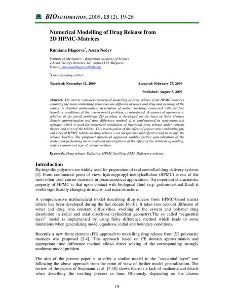 Pdf Numerical Modelling Of Drug Release From 2d Hpmc Matrices