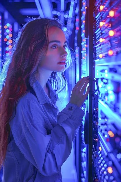 Professional Female Engineer Analyzing Server Hardware In High Tech Data Center With Neon Lights