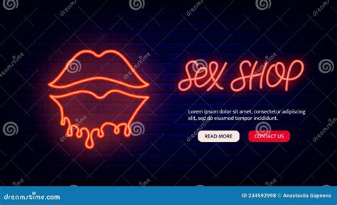 Sex Shop Neon Lettering Flyer Landing Page Template Kissing Lips With Melting Lipstick Vector