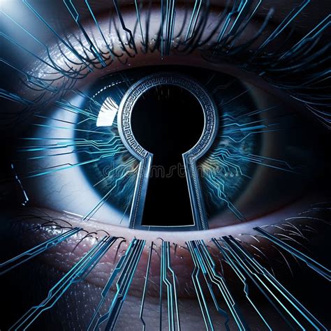 Close Up Biometric Eye With Keyhole And Blue Circuitry For
