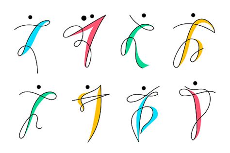 벡터 세트 인체 댄스 사람 모양 선형 다채로운 양식화된 인물 피트니스 웰빙 스포츠 대회 기타 활동 정체성에 사용합니다 건강 한 라이프 스타일 아이콘입니다 교육에 대한 스톡