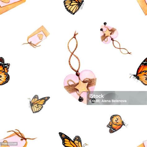 날아다니는 나비의 수채화 그림 하트 모양의 장식 흰색 배경에 하트가 있는 이름표 일러스트레이션 스티커 카드 스크랩북에 대한 좋은 그림 갈색에 대한 스톡 벡터 아트 및 기타