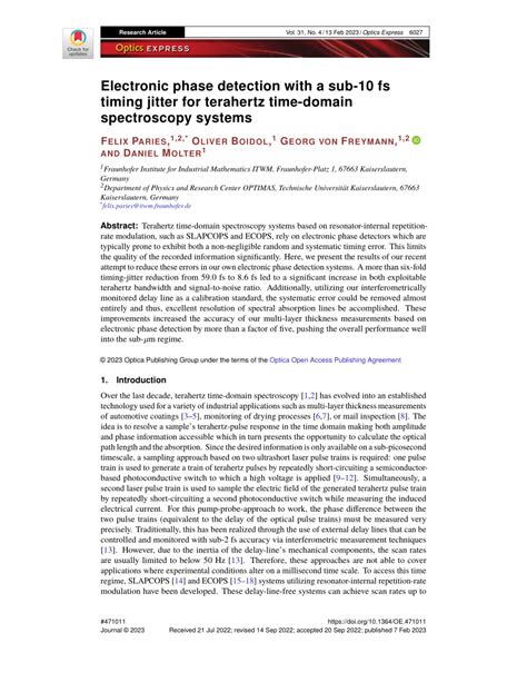Pdf Electronic Phase Detection With A Sub 10 Fs Timing Jitter For Terahertz Time Domain