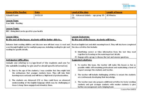 Yolande Fourie C1 Lesson Plan Four Skills Reading On Kindness
