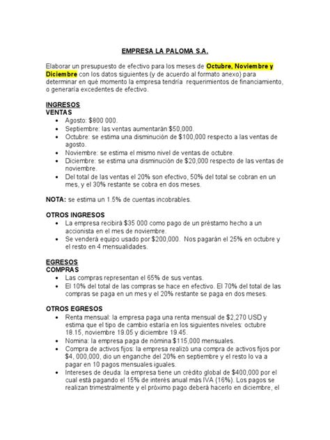 Presupuesto De Efectivo La Paloma Pdf
