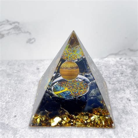 Obsidian Orgone Pyramid With Tigers Eye Ball Represents Protection And
