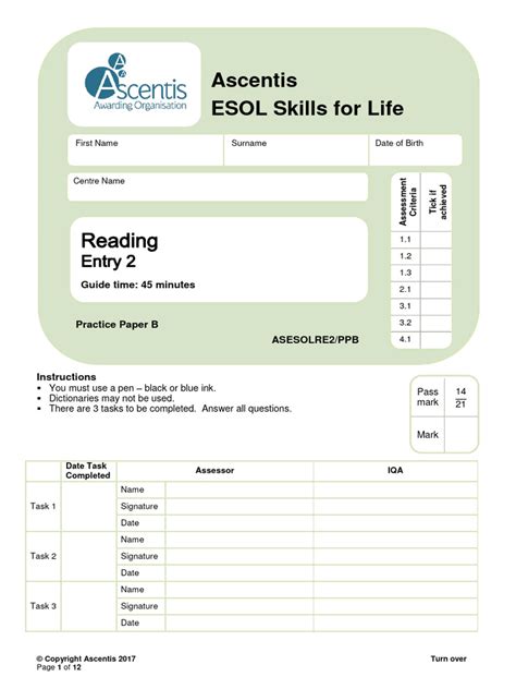 Entry 2 Esol Reading Assessment Paper Practice Paper B Pdf