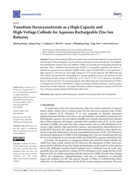 Pdf Vanadium Hexacyanoferrate As A High Capacity And High Voltage
