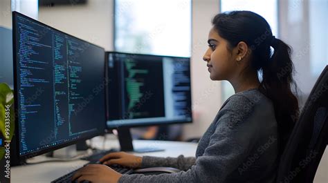 Confident Female Coder Of Indian Descent Working On Dual Screens In A Modern Office Environment
