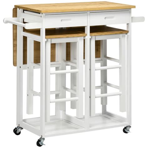 Compact Bamboo Rolling Kitchen Island With Stools Space Saving Cart