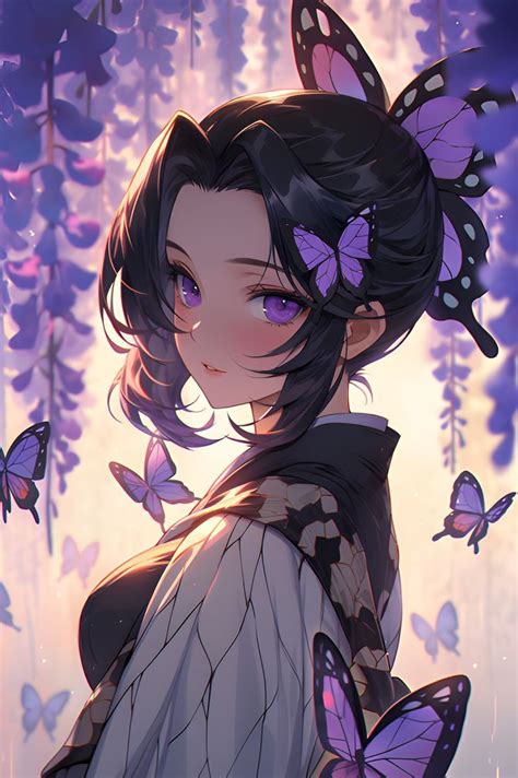 A Girl With Purple Butterflies On Her Hair And Dress Standing In Front Of Flowers