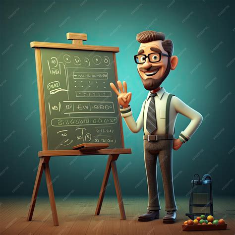 Premium Photo Smiling Cartoon Teacher In Front Of Blackboard