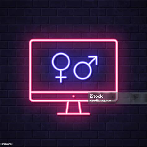 성별 기호가 있는 데스크톱 컴퓨터 벽돌 벽 배경에 빛나는 네온 아이콘 0명에 대한 스톡 벡터 아트 및 기타 이미지 0명