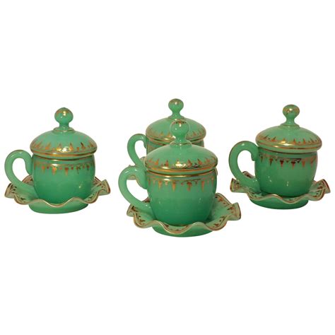 Set Of Four Baccarat Chrysoprase Uranium Covered Cups On Stands For