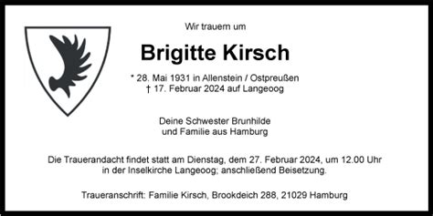 Traueranzeigen Von Brigitte Kirsch Nordwest Trauer De