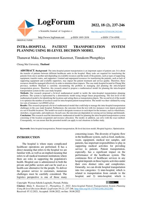 Pdf Intra Hospital Patient Transportation System Planning Using