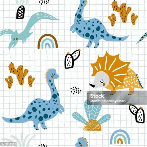 손으로 그린 디노사우루스 야자수 선인장과 함께 스칸디나비아 스타일의 유치한 매끄러운 패턴 직물 섬유에 대한 창조적 인 벡터 유치한 배경 공룡에 대한 스톡 벡터 아트 및 기타