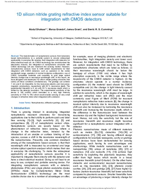 Pdf 1d Silicon Nitride Grating Refractive Index Sensor Suitable For Integration With Cmos