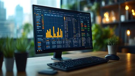 Modern Workspace Featuring Computer Monitor Displaying Data Analytics