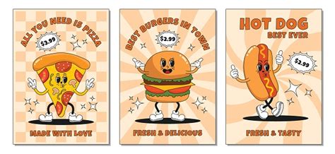 그루비 복고풍 패스트 푸드 포스터 세트 패스트 푸드 햄버거 피자 핫도그 그림 빈티지 배너 70 년대 80 년대 90 년대 분위기 트렌디한 복고풍 사이키델릭 스타일 그루비