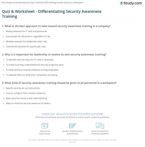 Quiz And Worksheet Differentiating Security Awareness Training